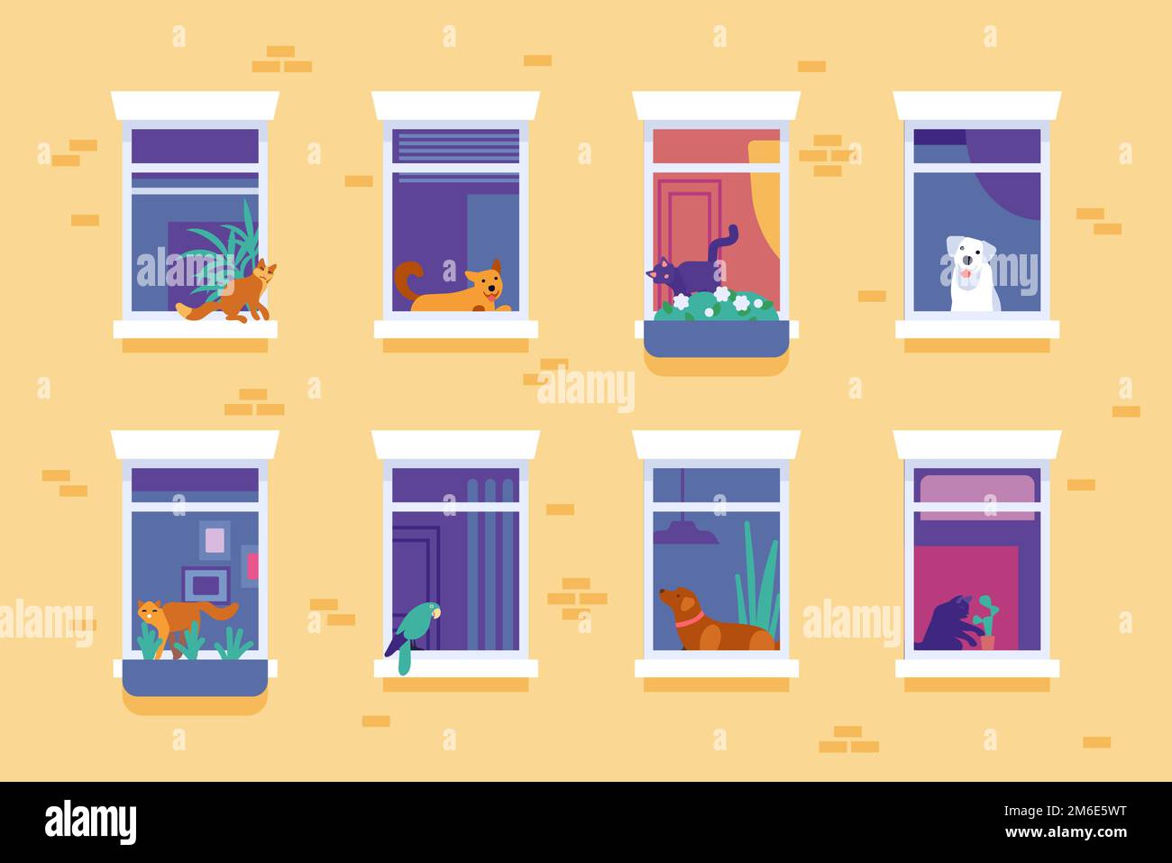 Pets in windows of house. Residential building facade. Cat or dog ...