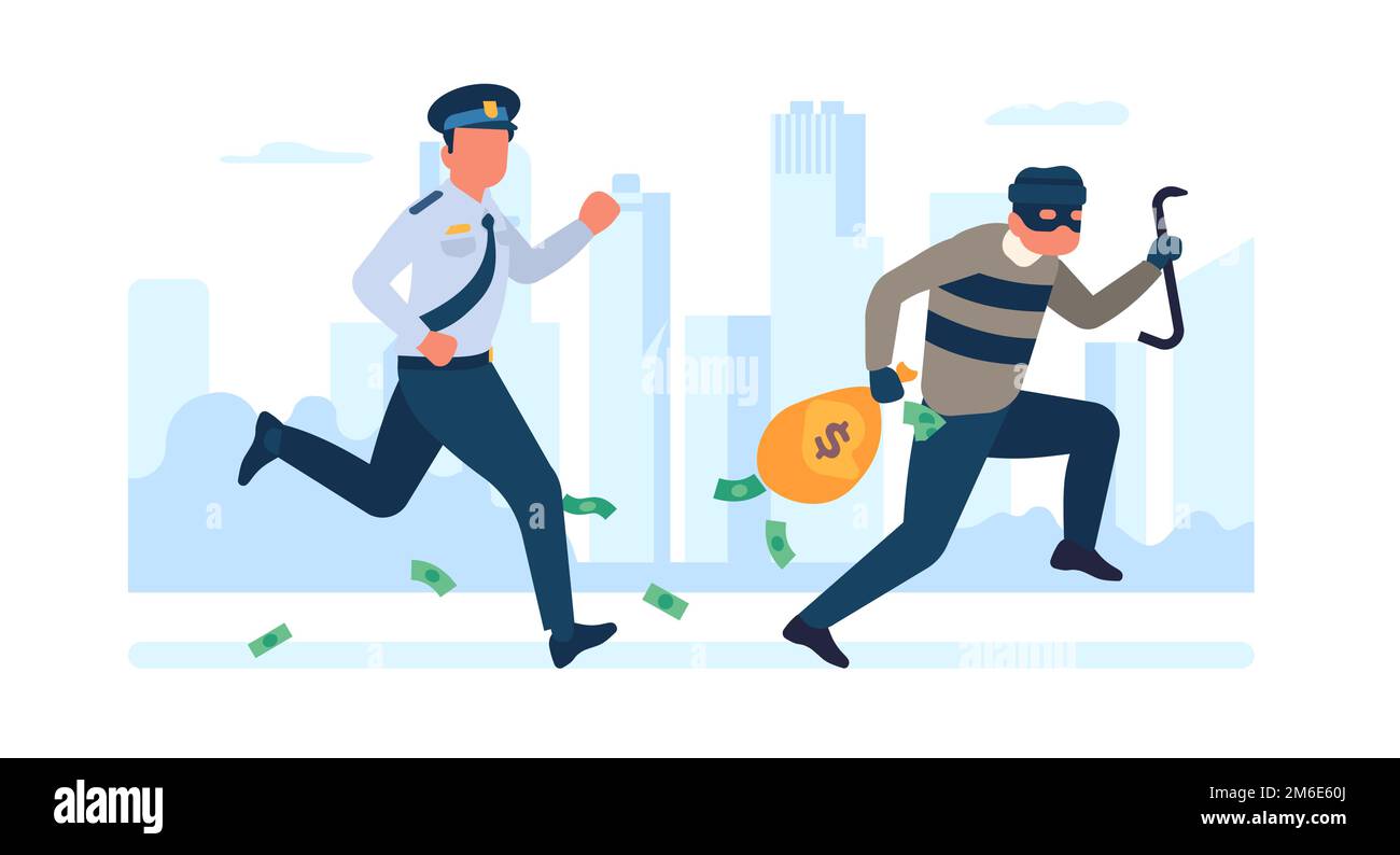 Policeman in pursuit of robber. Thief with money bag running away from police officer. Burglar ...