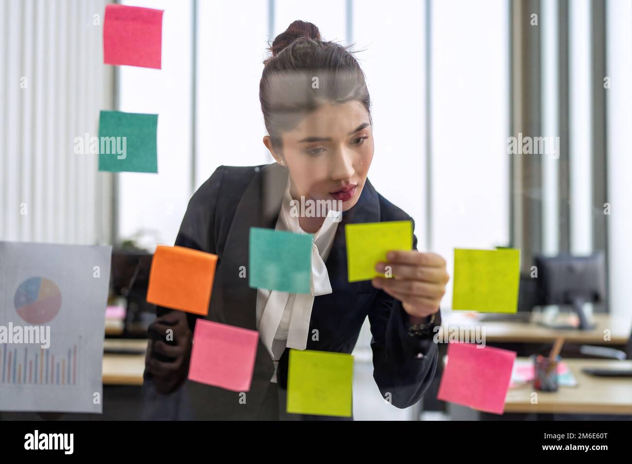 Employee meeting at office and use post it notes to share idea ...