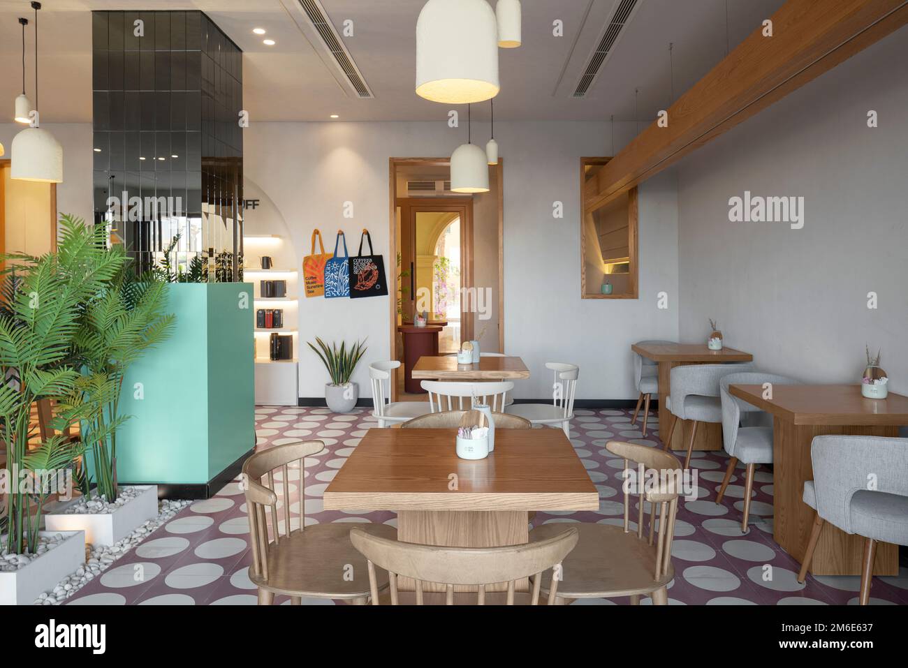 Cafe tables morning view Stock Photo - Alamy