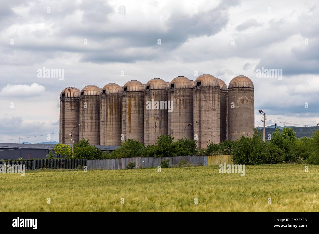 Grain silos in a wheat field. Set of abandoned tanks for cultivation of ...