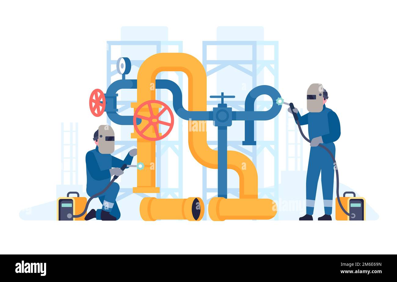 Welders weld pipes. Man welding pipeline. Workers with metalworking ...