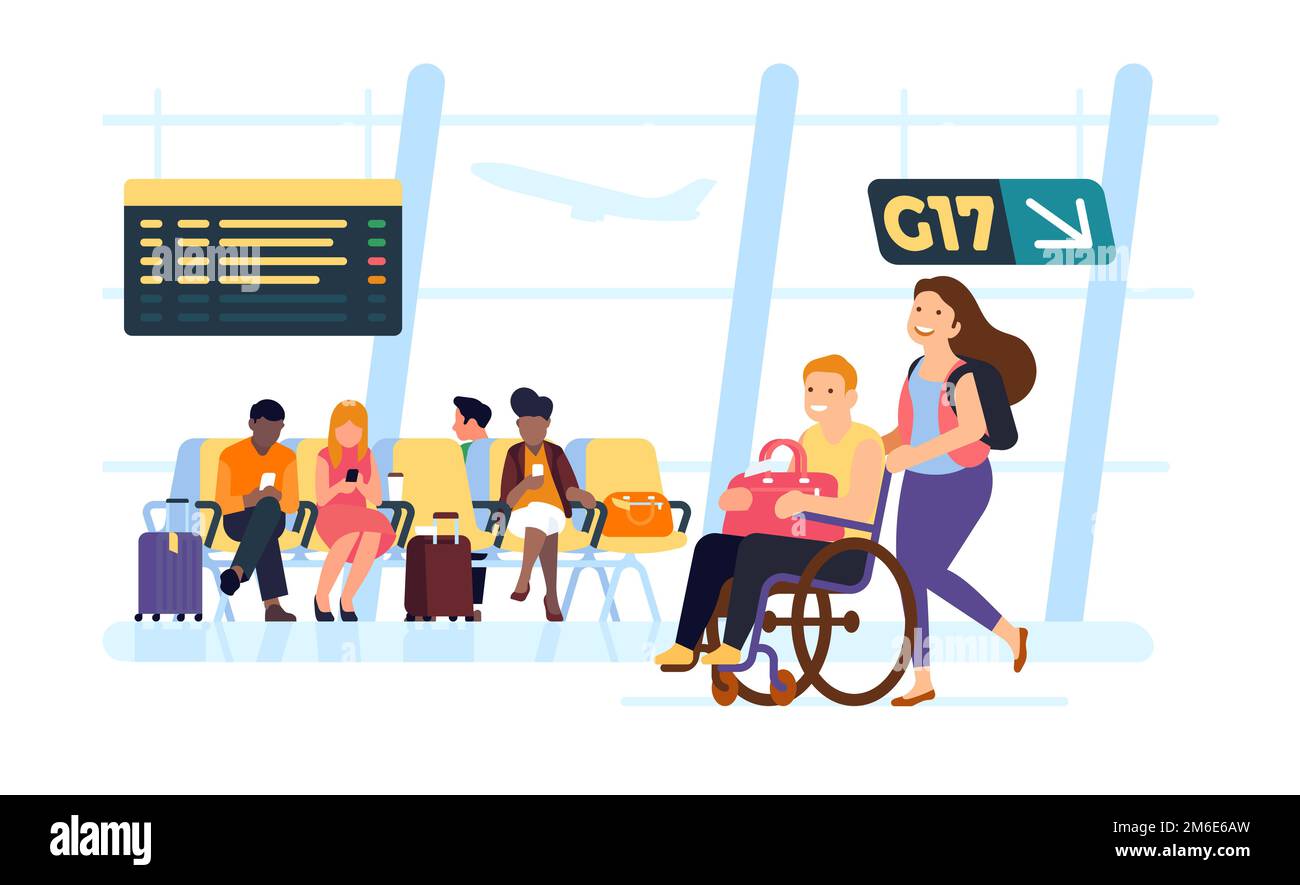 Woman and man with disability boarding plane. Paralyzed person in wheelchair. People travel by ...