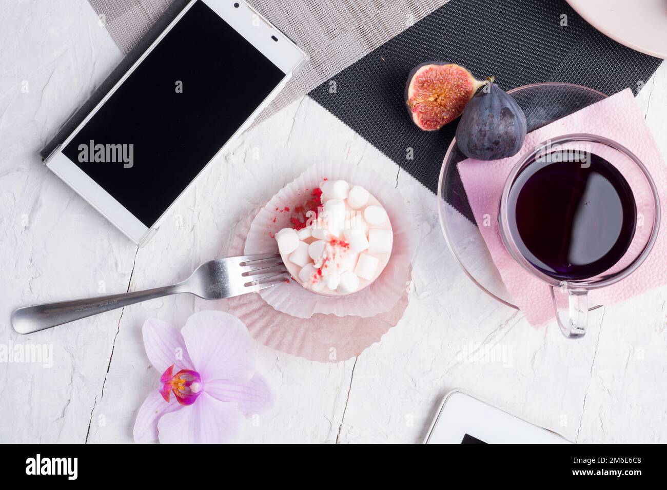 Life style set at meeting in cafe.Thai blue, Butterfly pea tea served ...