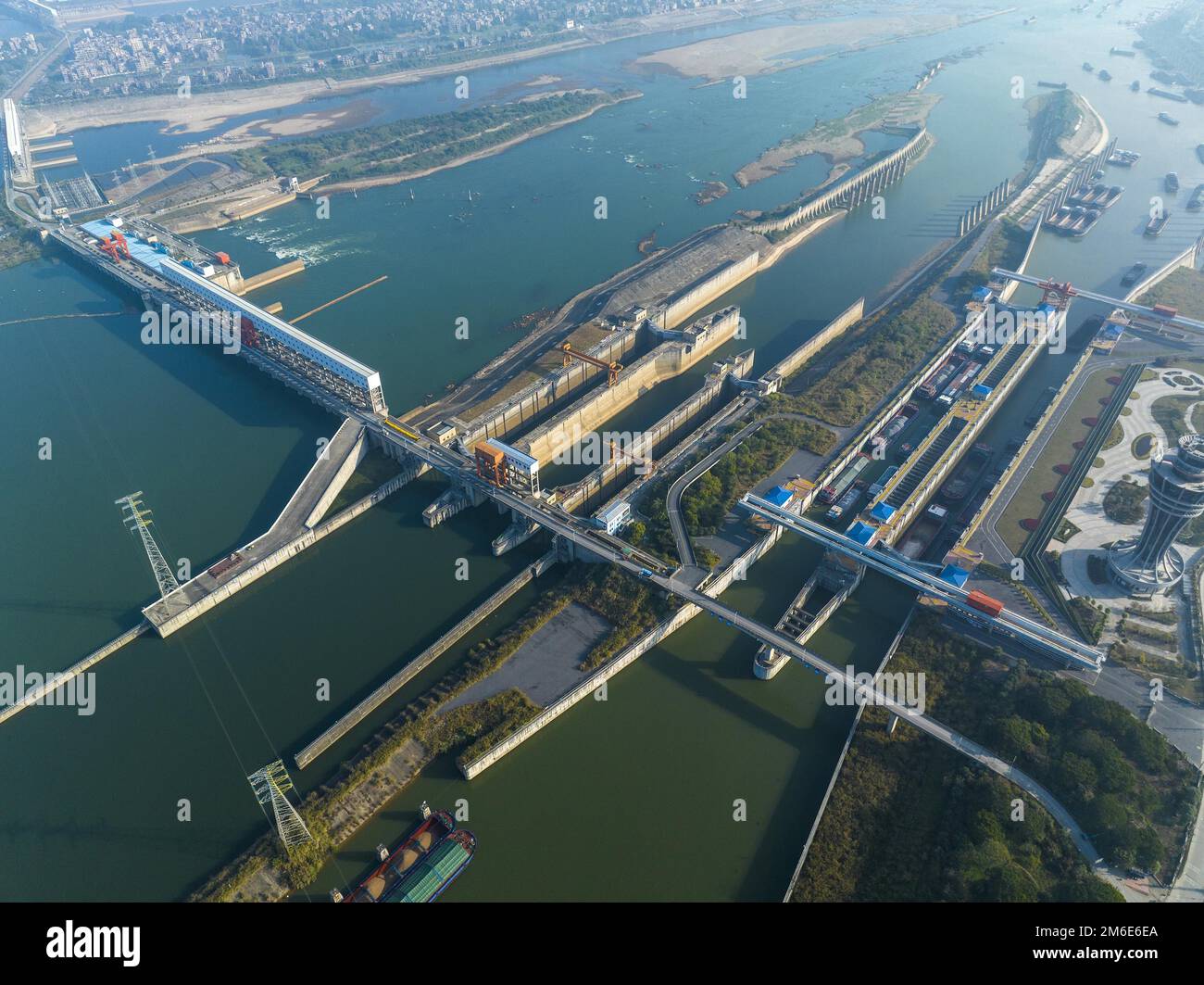 Aerial photo shows ships passing through the ship lock of Changzhou ...