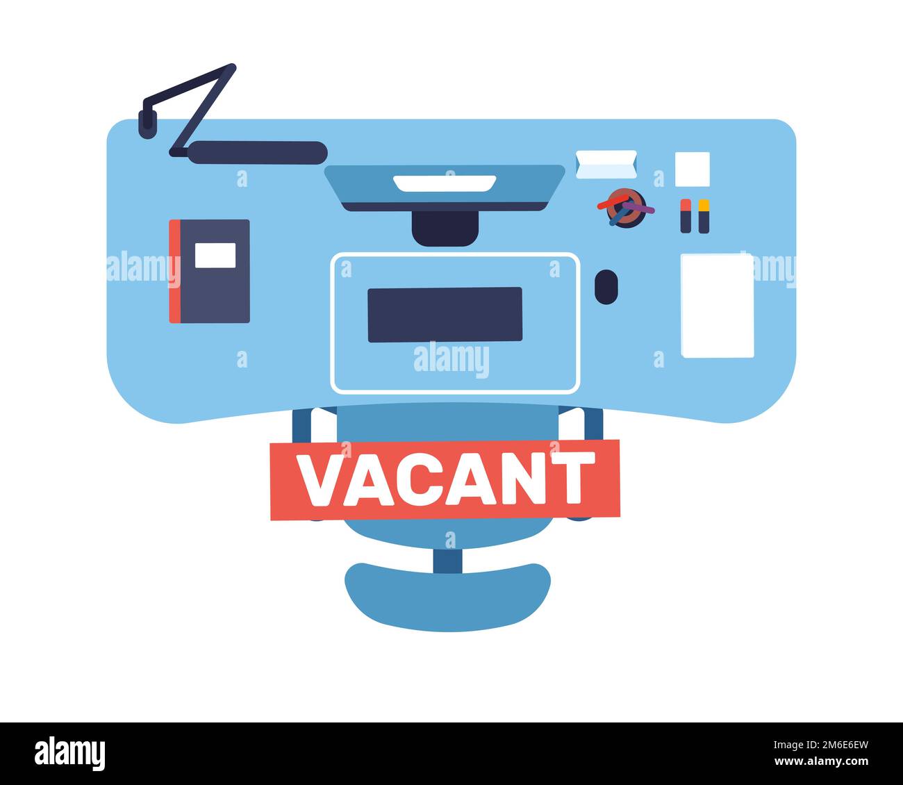 Workplace with vacant job sign. Office table top view. Employee ...