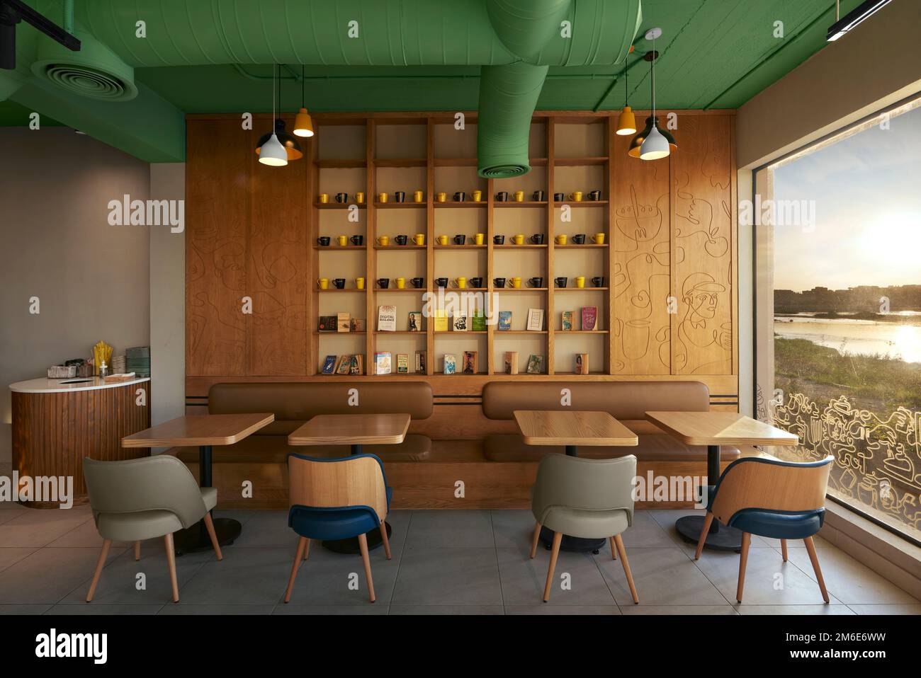 Cafe tables morning view Stock Photo - Alamy