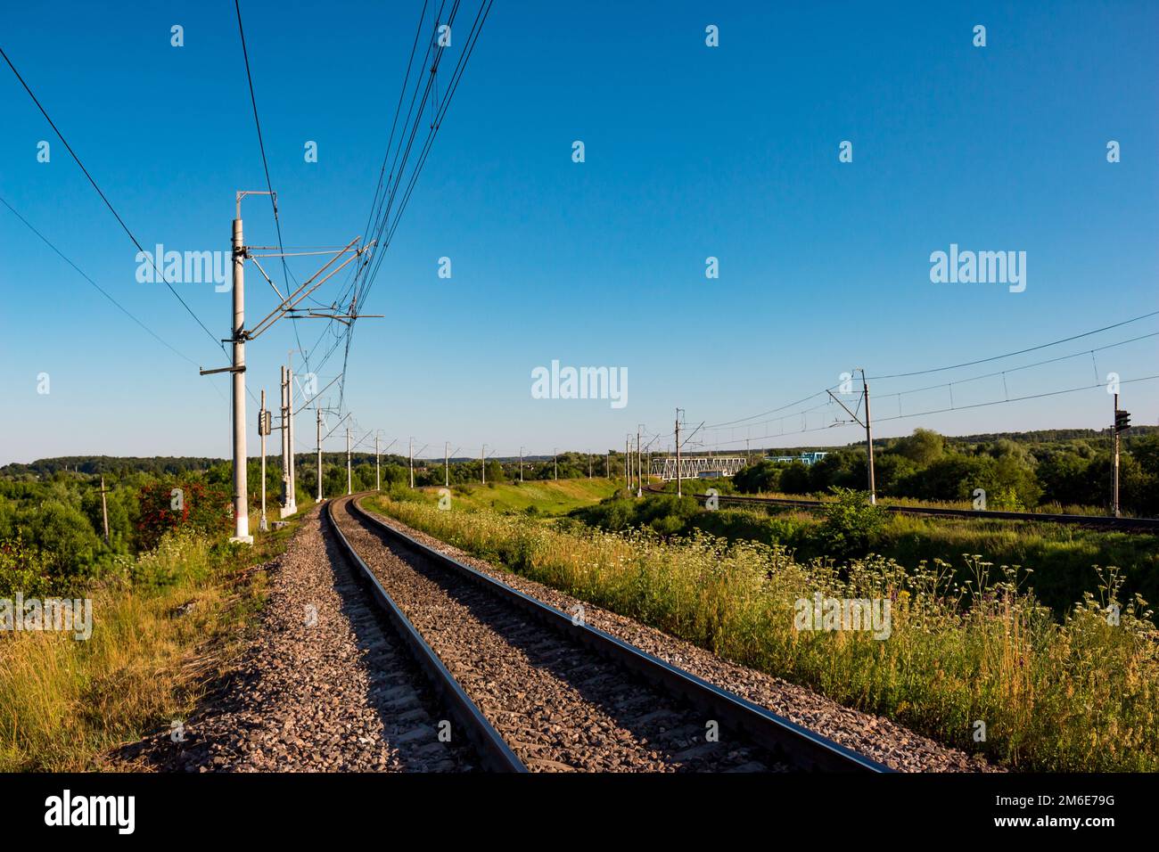 Scenic view of railway tracks turning right in the countryside Stock ...