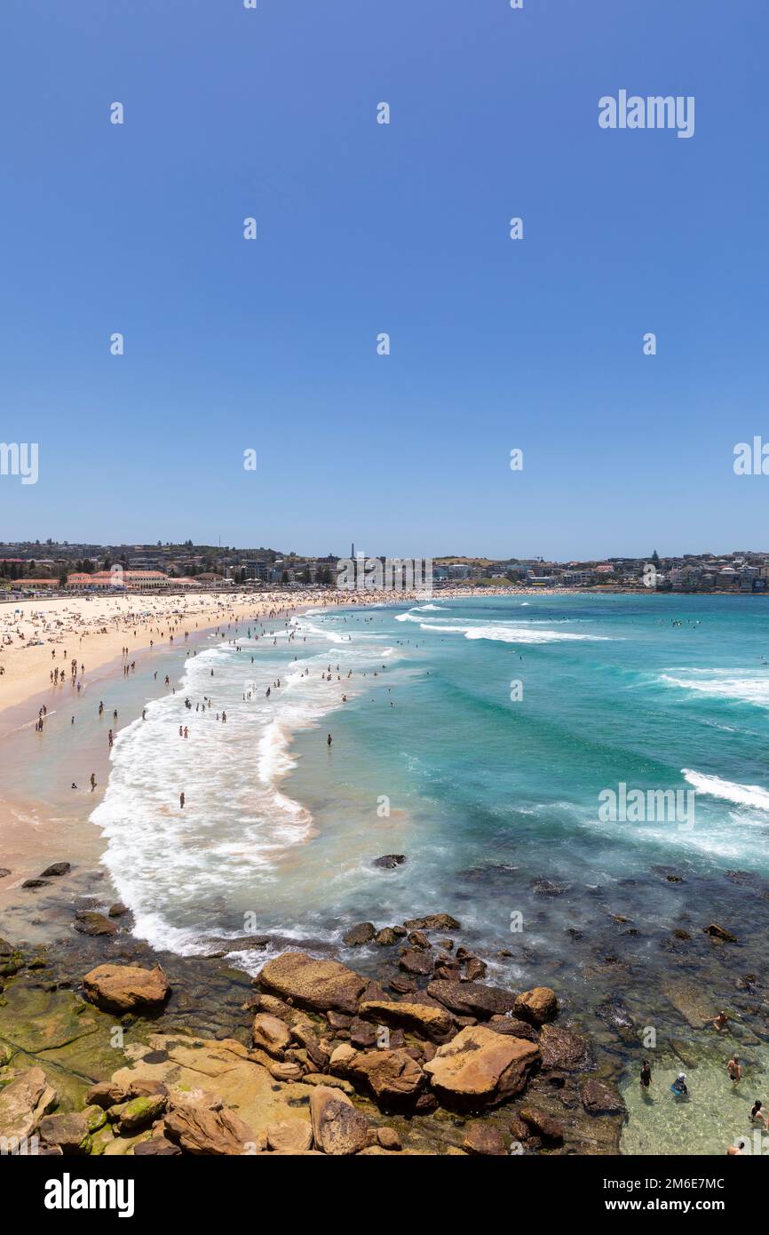 Summer 2023, Bondi Beach Sydney on a clear blue sky summers day, packed ...
