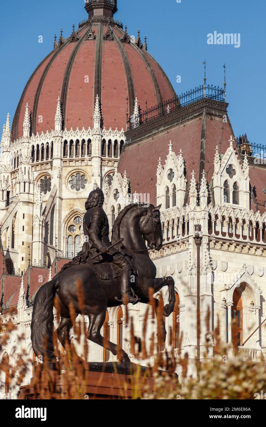 A vertical shot of the Rakoczi Ferenc statue near the parliament ...