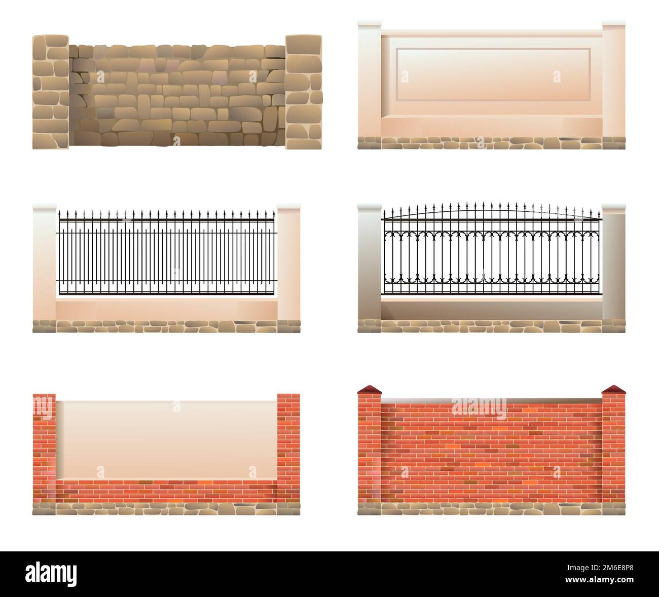 Set of fence. Stone and brick with concrete plaster. Forged iron ...