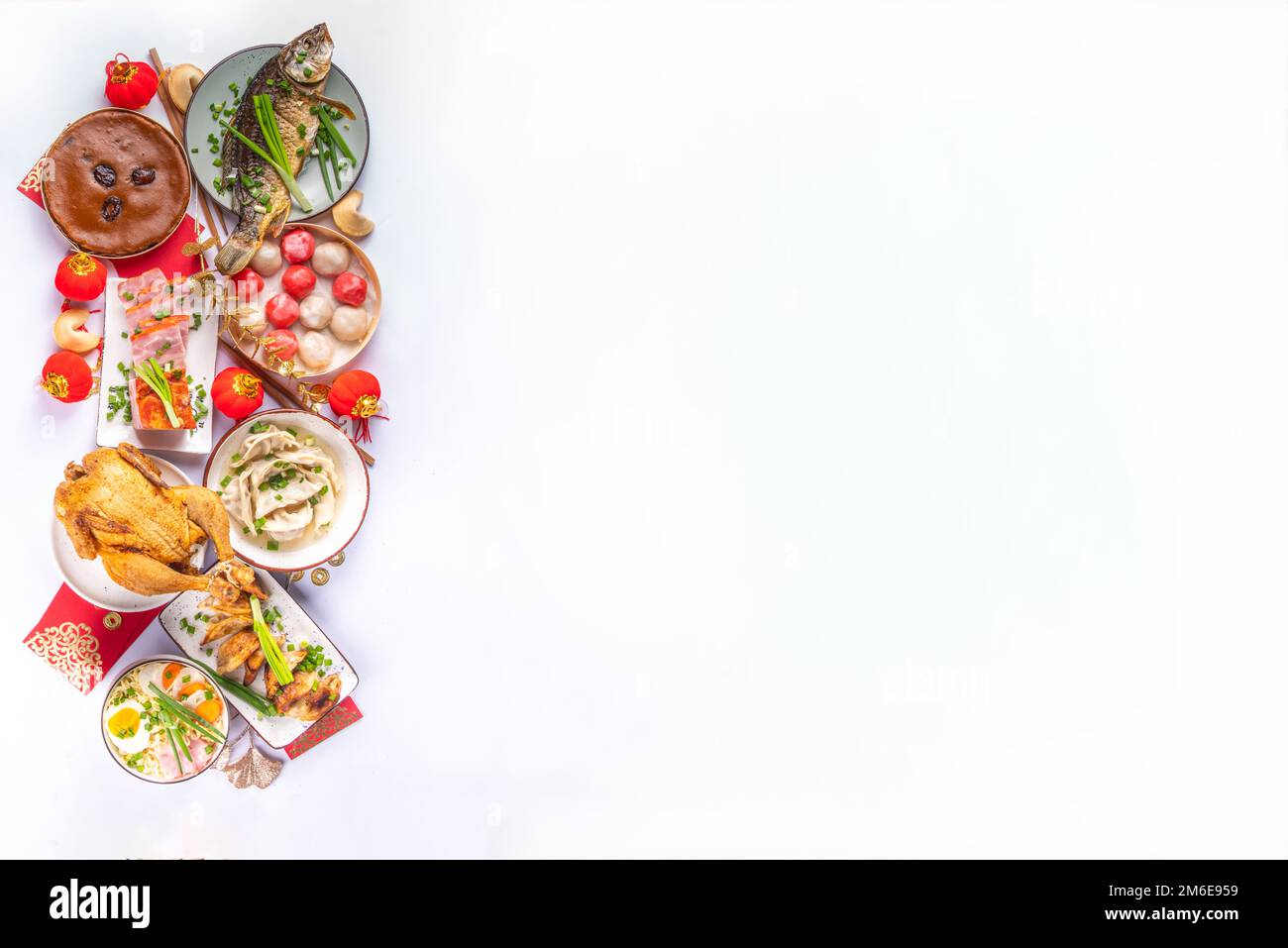 Traditional Chinese lunar New Year dinner table, party invitation, menu ...