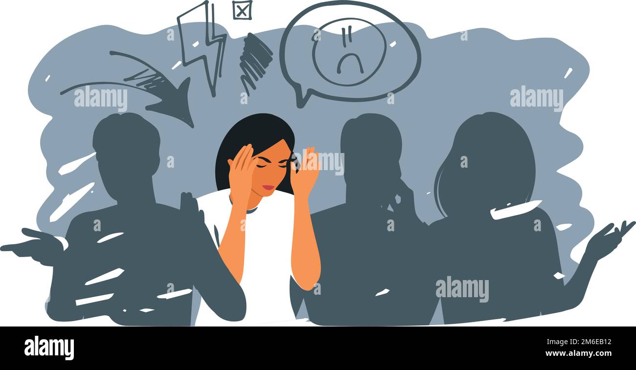 Anxiety disorder, social phobia, psychology concept. Sad young girl surrounded by people ...