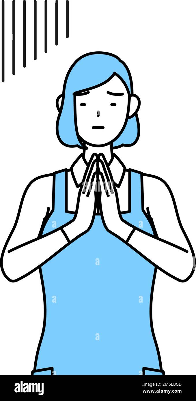A woman in an apron apologizing with his hands in front of his body ...