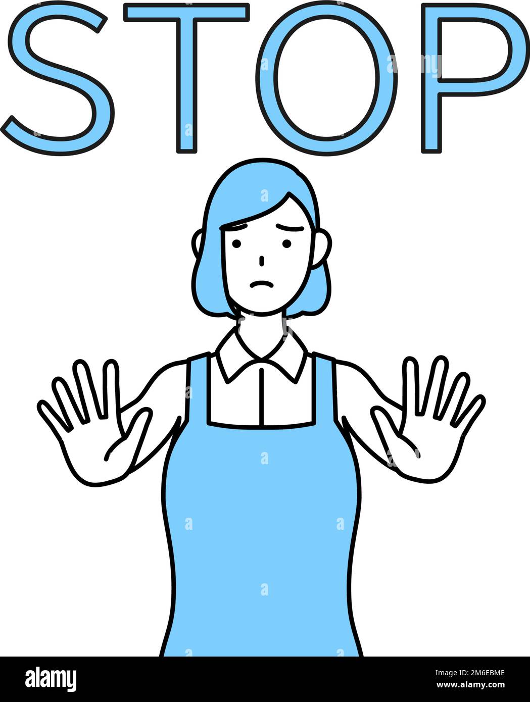 A woman in an apron with his hand out in front of his body, signaling a ...