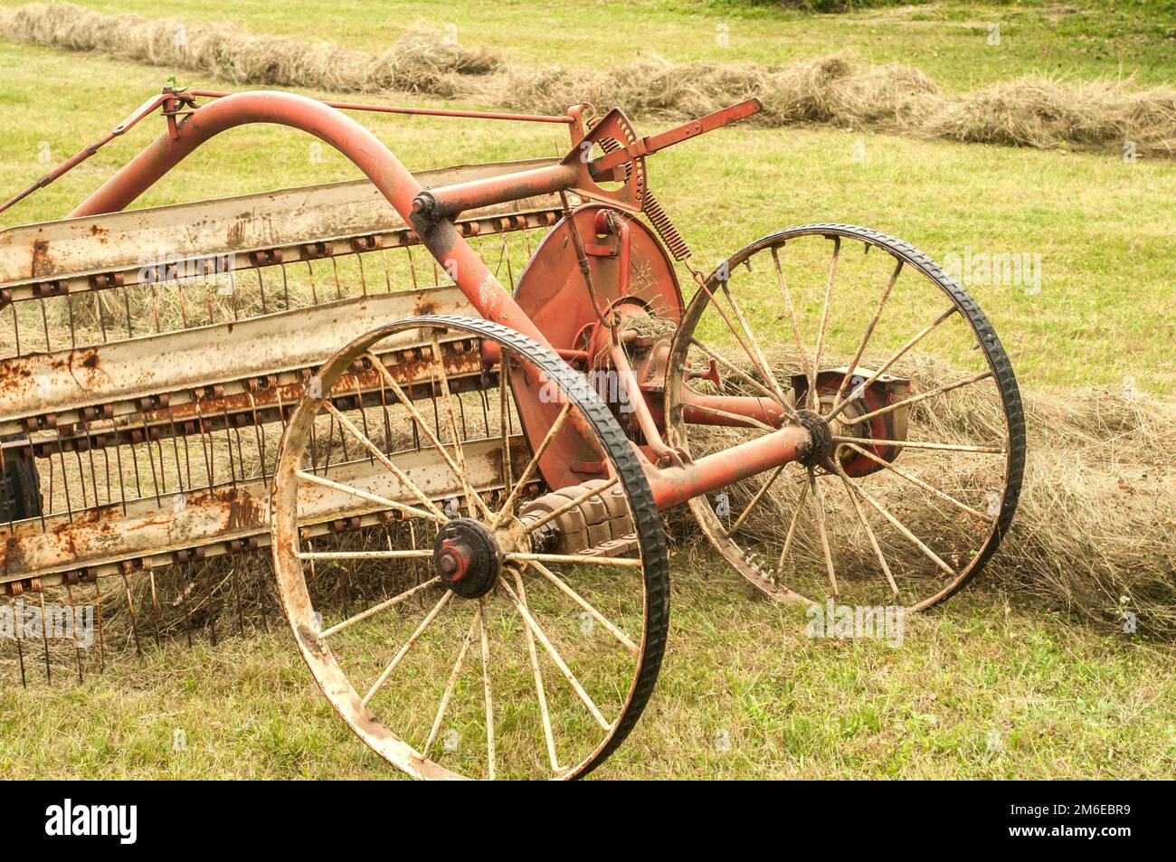 Collecting hay by vintage machines on mountain meadow in summertime ...