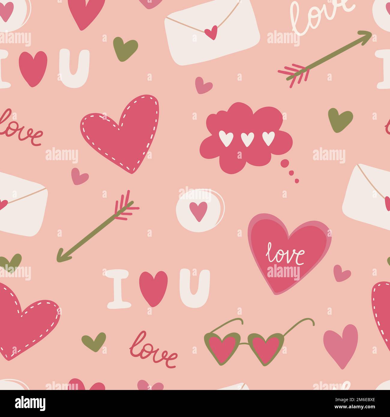 Seamless pattern with red hearts, declarations of love and more ...