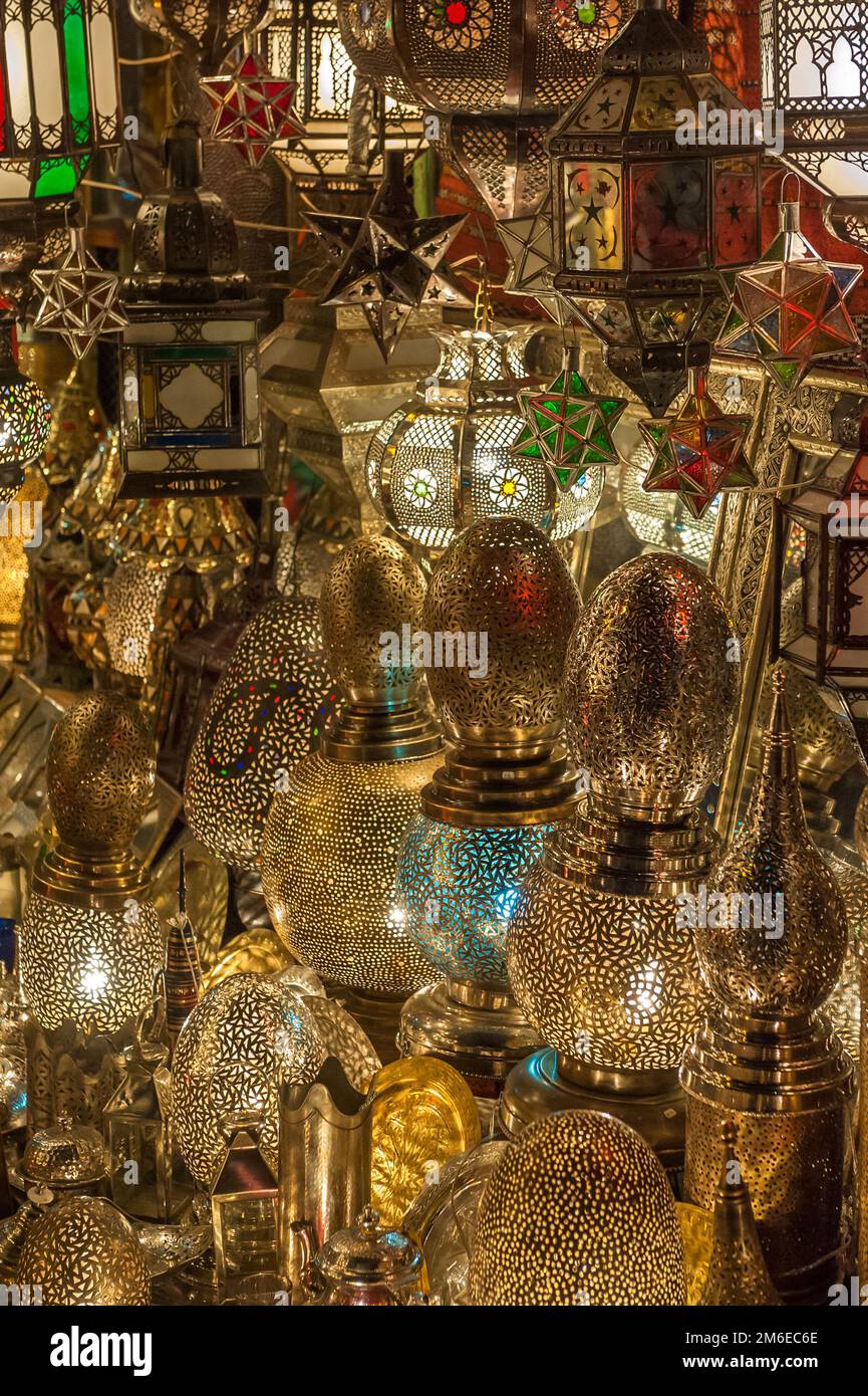Traditional Moroccan lantern in antique shop, Marrakesh, Morocco Stock ...