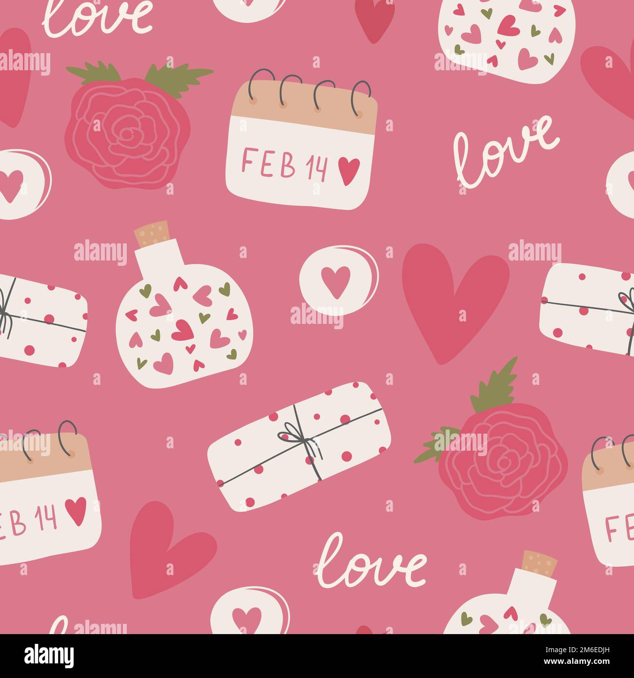 Seamless pattern with red hearts, declarations of love and more ...