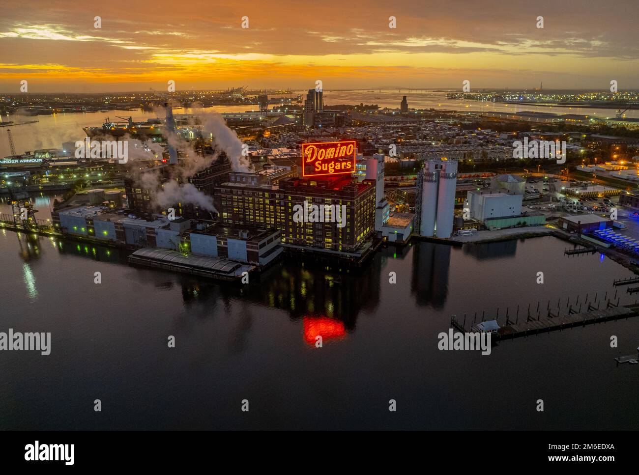 An aerial view of the sunrise over Baltimore Harbor, Chesapeake Bay ...