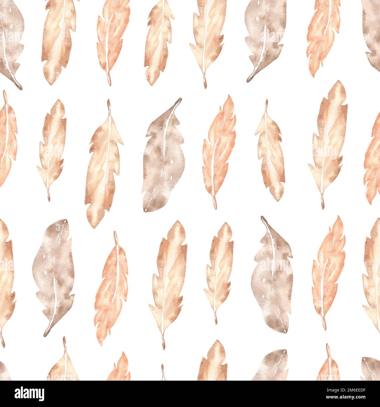 Watercolor hand drawn seamless feathers pattern in soft neutral colors ...