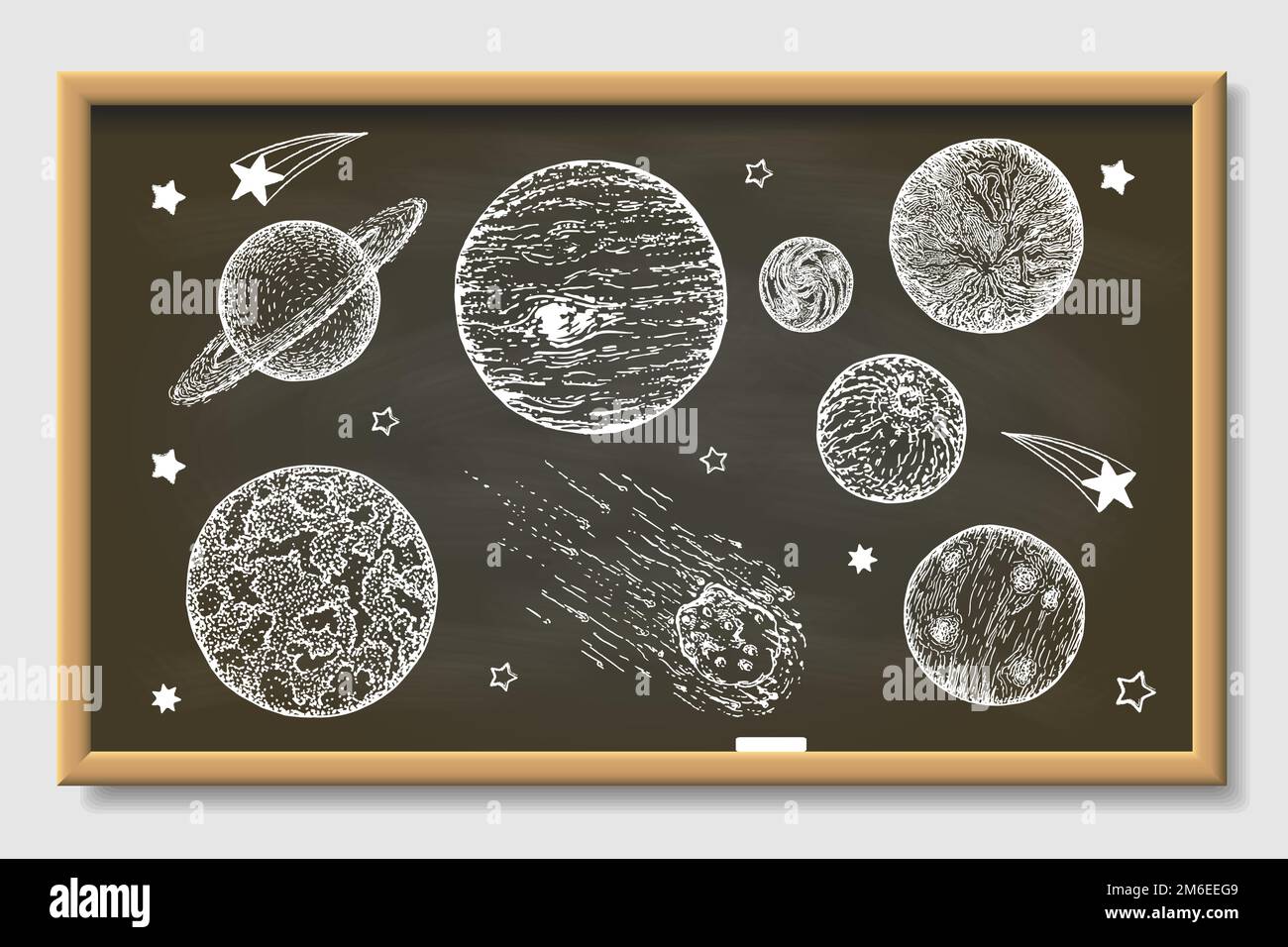 White planets on black chalkboard, vector hand drawn illustration Stock ...
