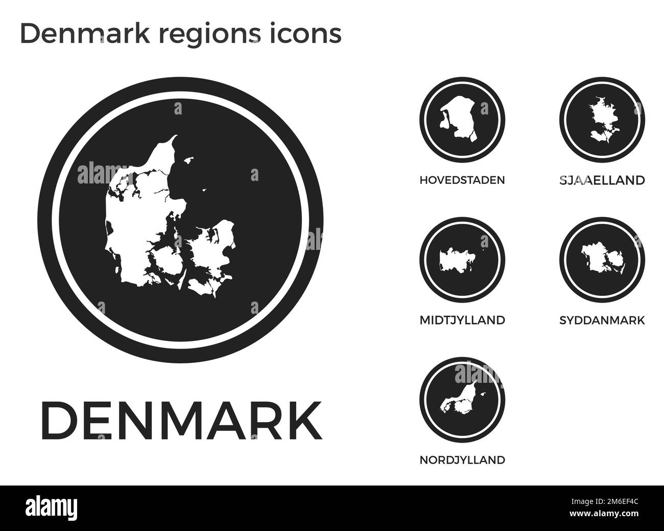 Denmark regions icons. Black round logos with country regions maps and titles. Vector ...