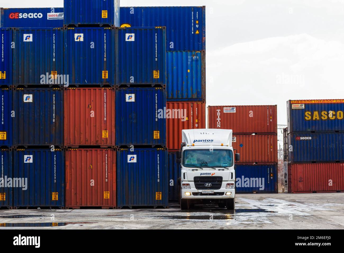 Summer, 2016 - Primorsky Krai, Russia - Container terminal. Metal ...