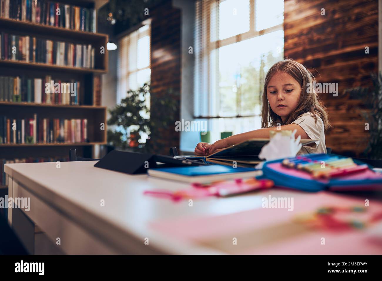 Schoolgirl learning, playing, doing puzzles and reading book in school ...