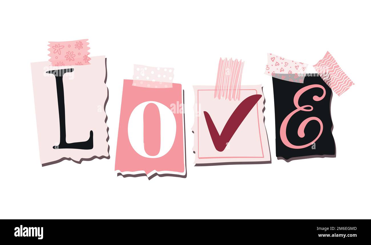 Word Love, collage of newspaper or magazine letters taped on colored ...