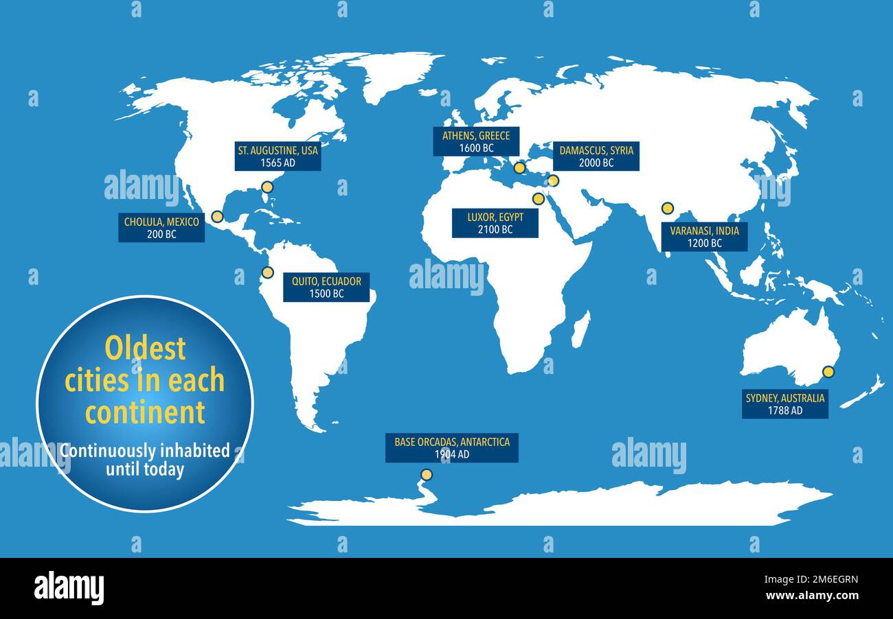 World map with the oldest continuously inhabited cities in each ...