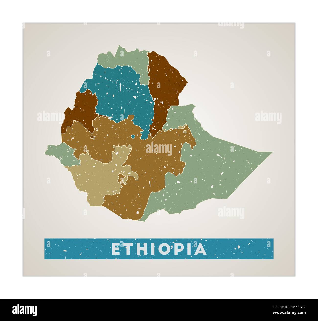 Ethiopia map. Country poster with regions. Old grunge texture. Shape of ...