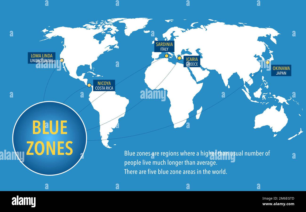 Map of the blue zones of longevity where people live longer than the rest of the world Stock ...
