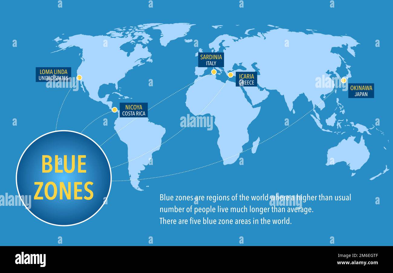 Map of the blue zones of longevity where people live longer than the ...