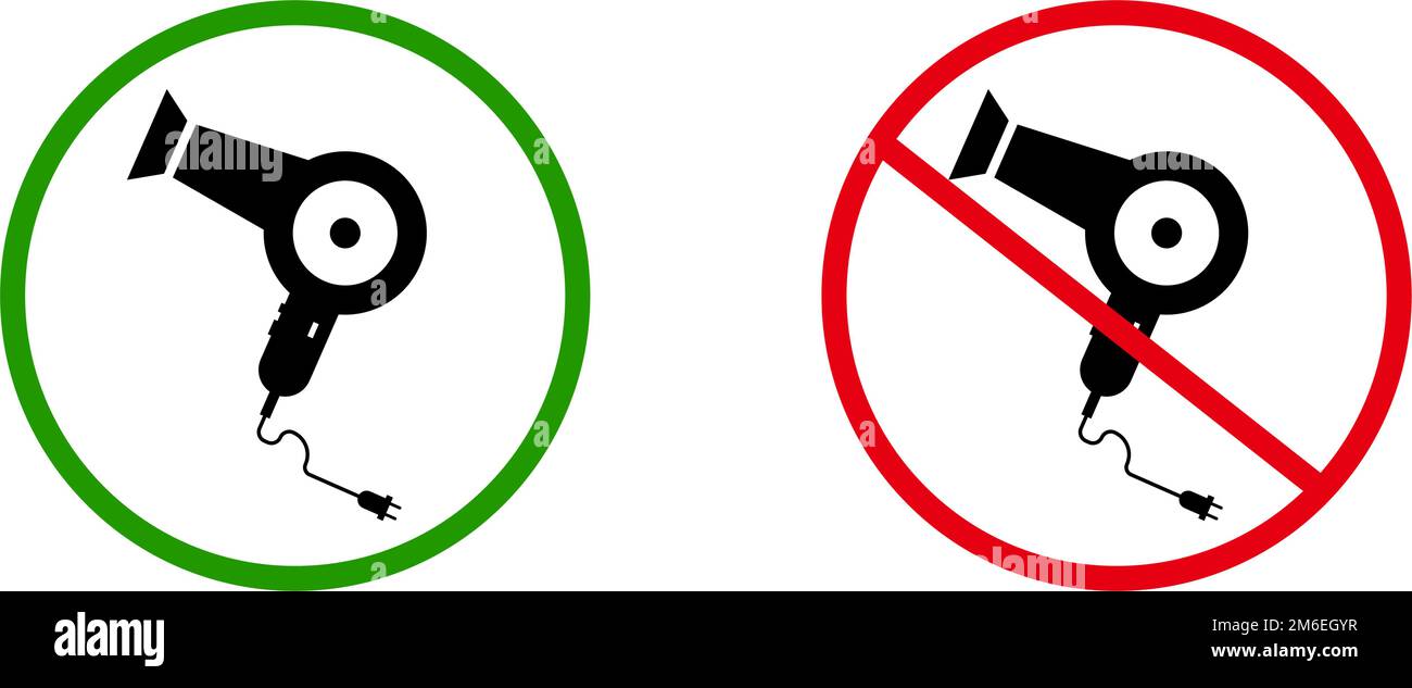 Prohibited and permitted icon set for use of hair dryer. Hair dryer ...
