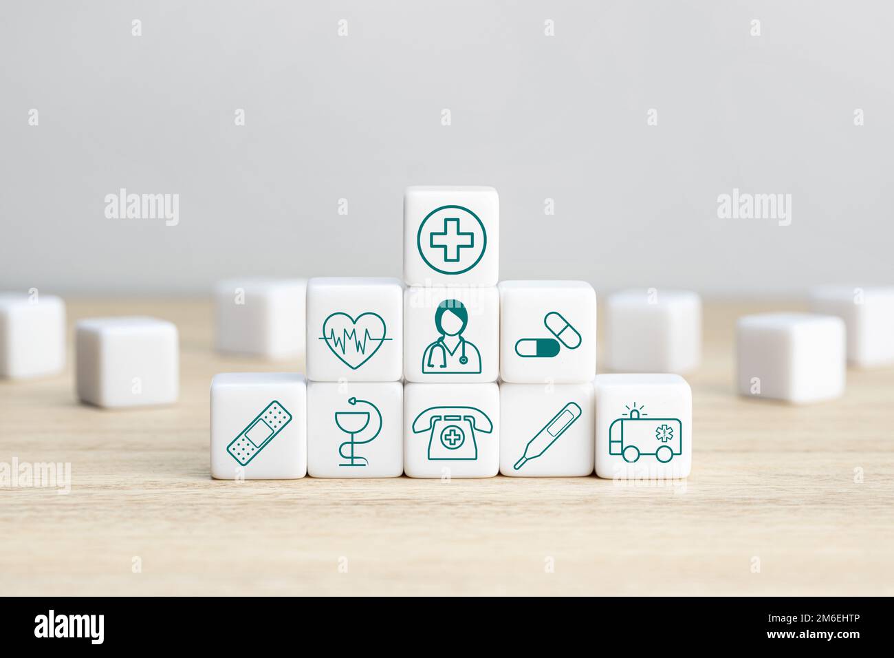 Health Insurance Concept. Pile of white blocks with healthcare medical ...