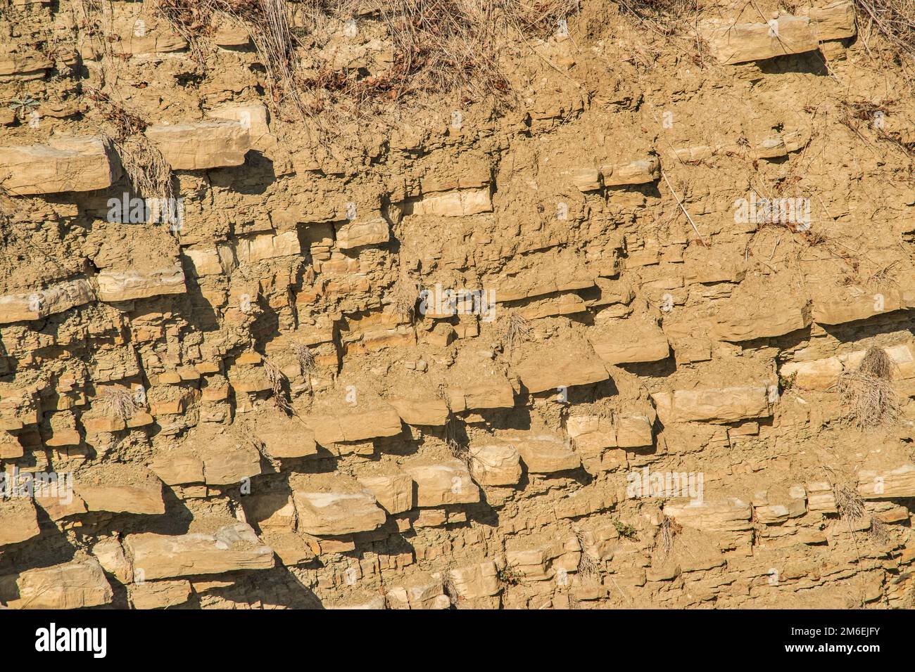Sedimentary layers of an eroded seashore closeup as natural background ...