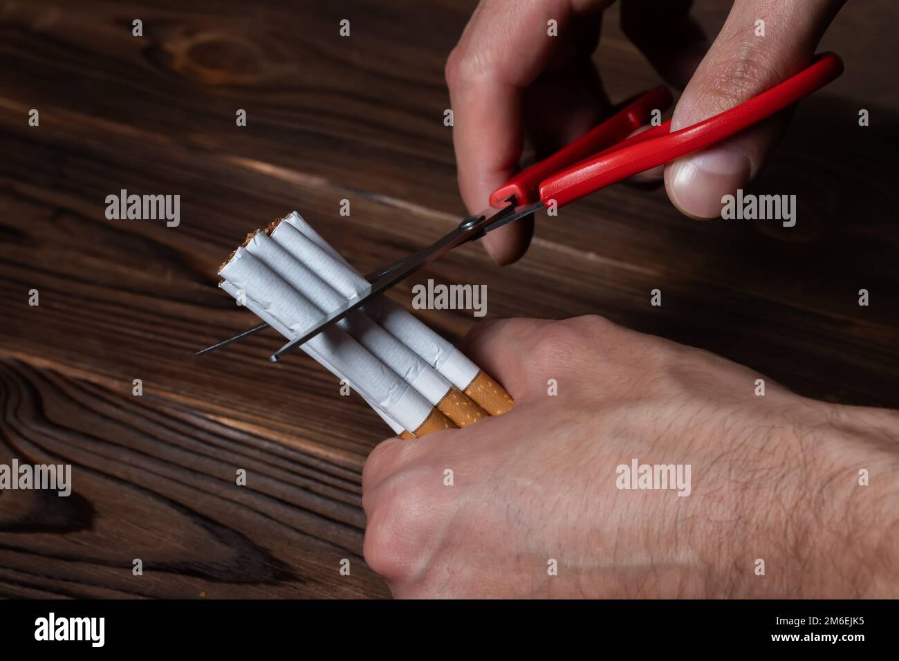 Quit smoking. Closeup of man hands holding bunch of cigarettes and ...