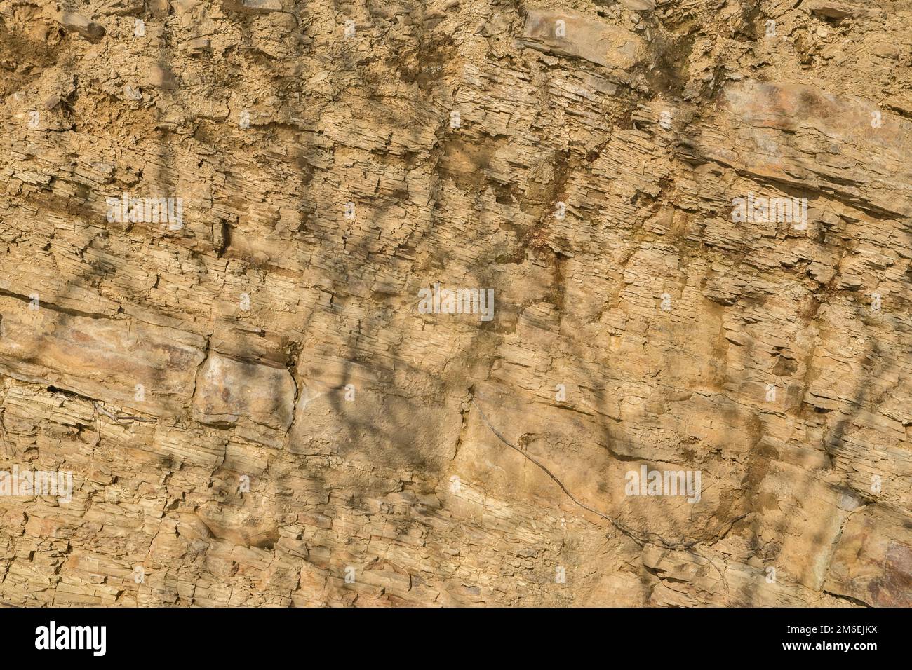 Sedimentary layers of an eroded seashore closeup as natural background ...
