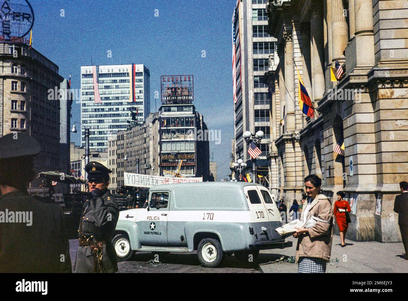 Police on streets on day of visit by President Kennedy, Bogota ...