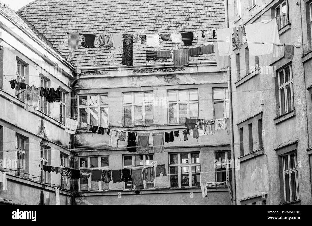 Clothes hanging to dry on a clothes-line. Laundry dryings on the rope ...