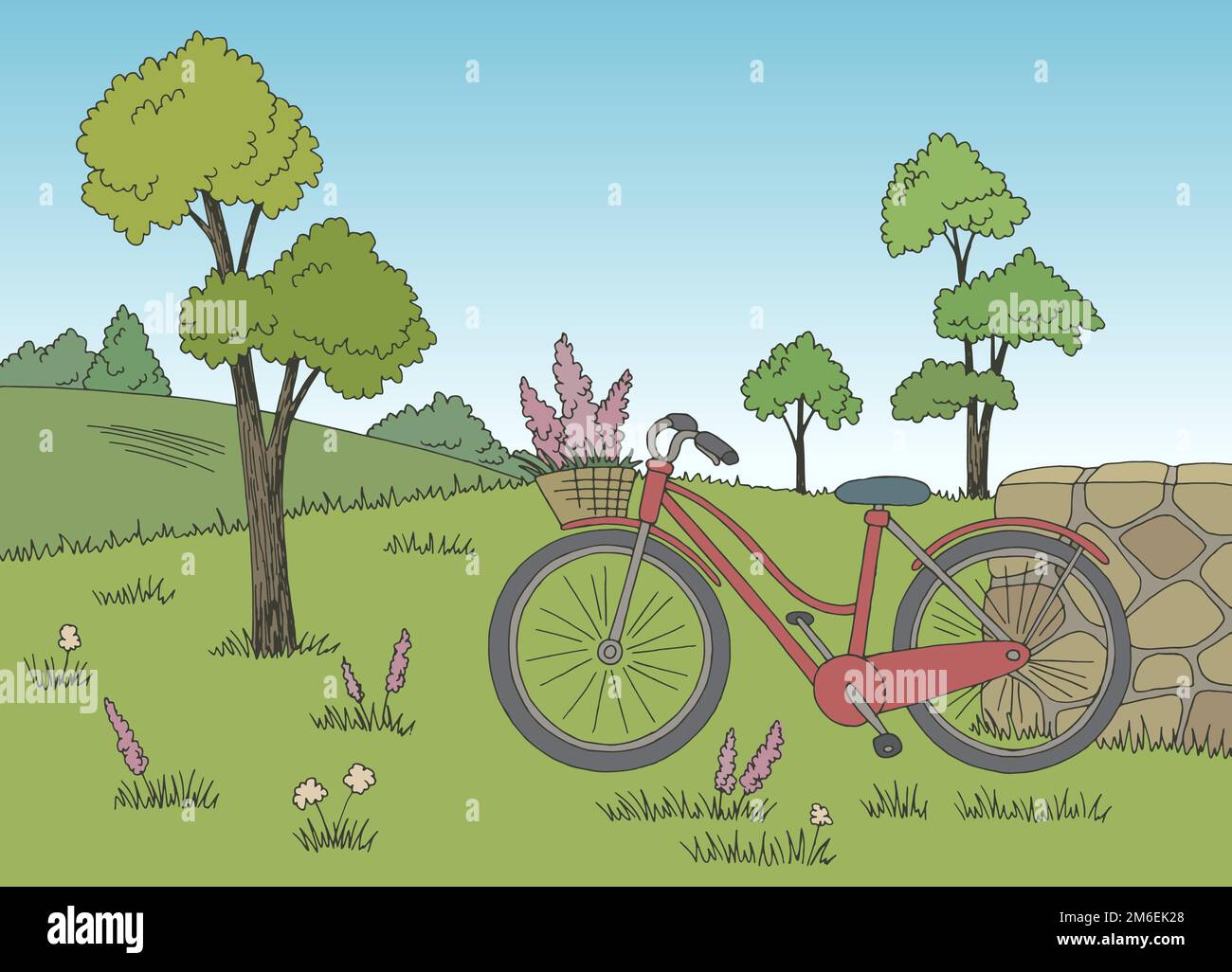 Bicycle in field graphic color landscape sketch illustration vector ...