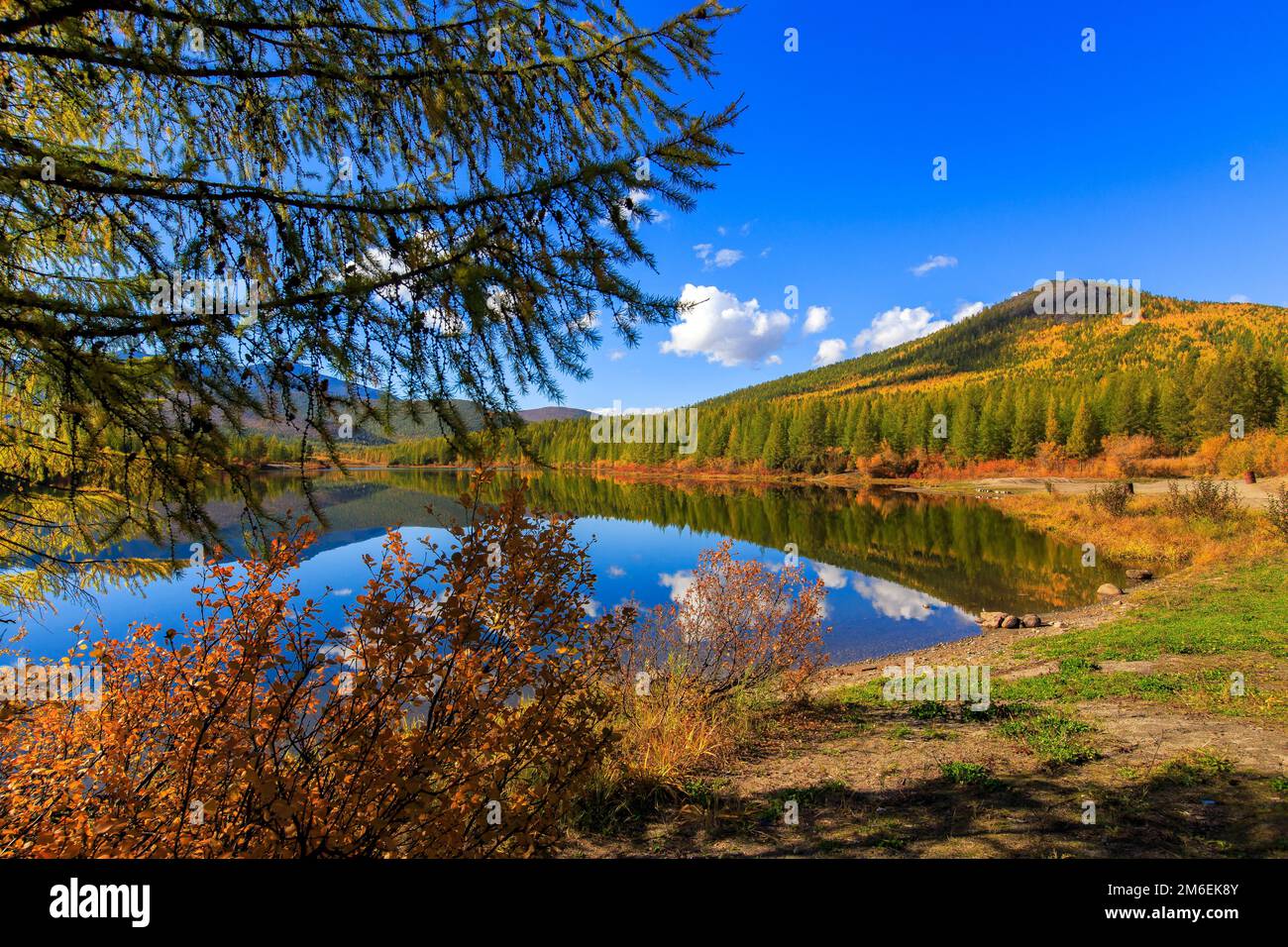 The nature of the Magadan region. A beautiful flat surface of the lake ...