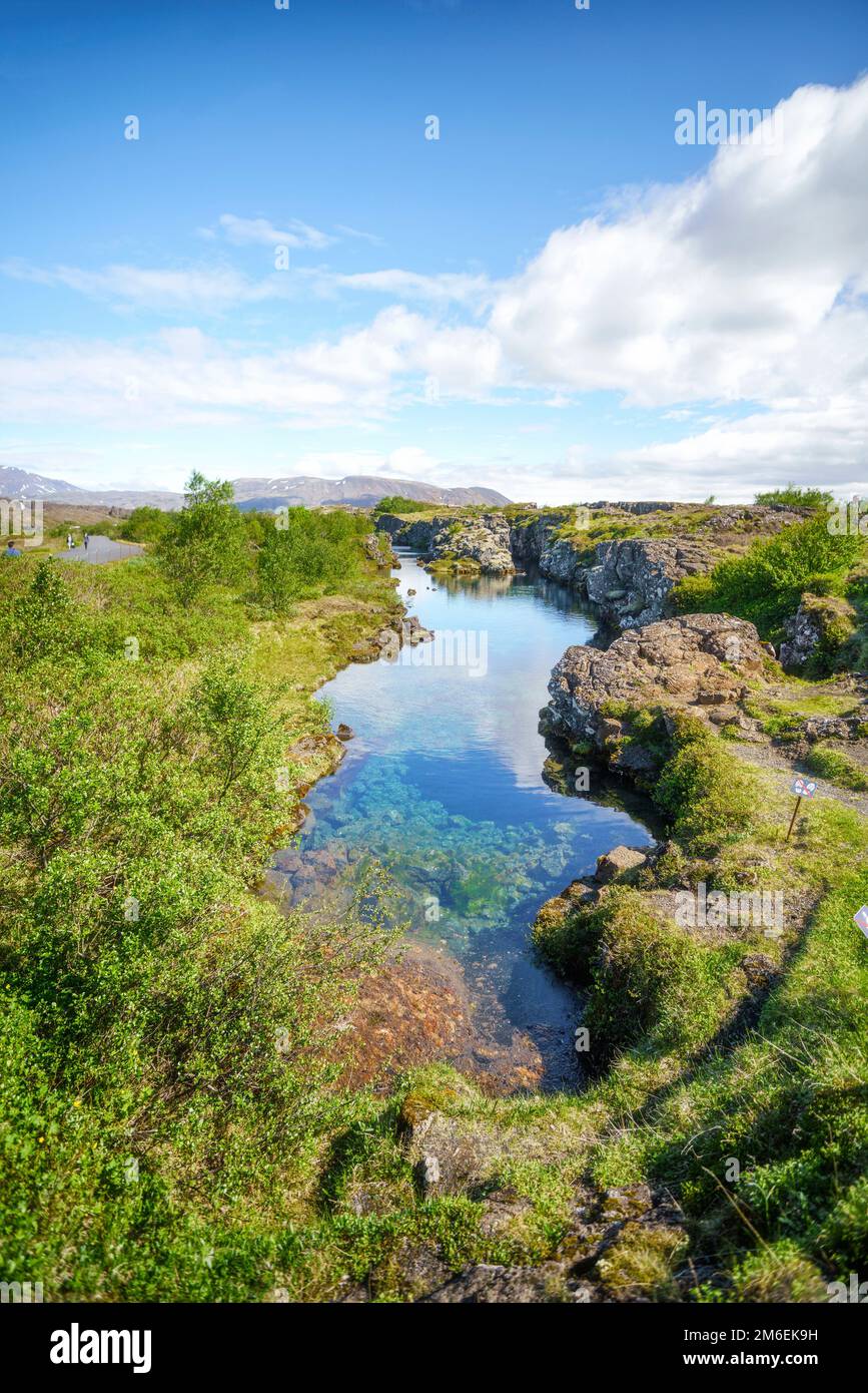 Small blue pond in a rocky landsacpe on Iceland with green plants ...