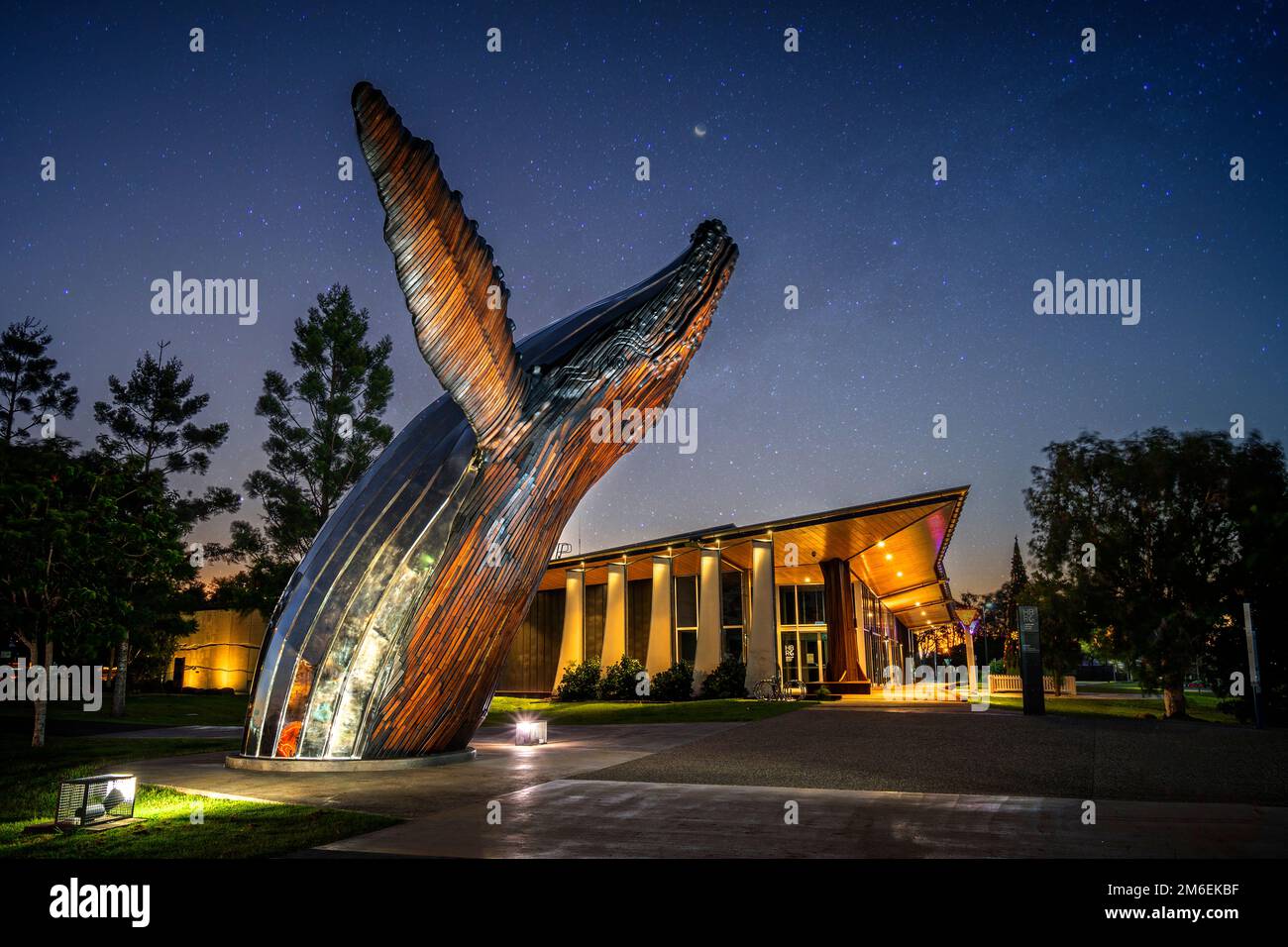 Sculpture of Nala the humpback whale floodlit in the evening outside ...