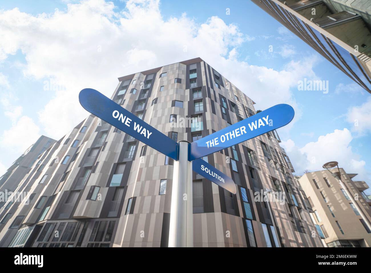 One way or the other way sign with a direction for a solution in a big ...