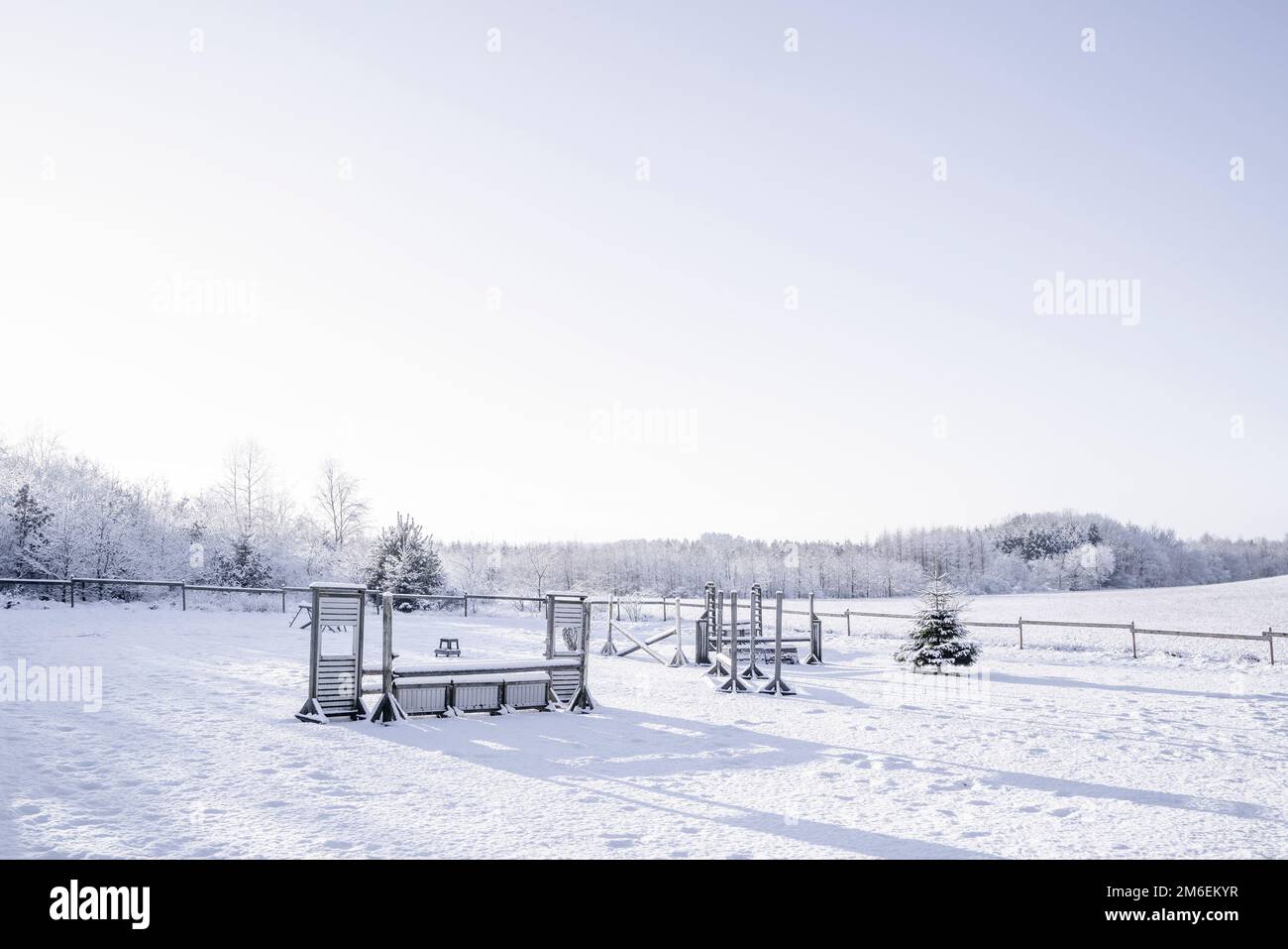 Equestrian horse obstacles in a winter landscape covered in snow Stock ...