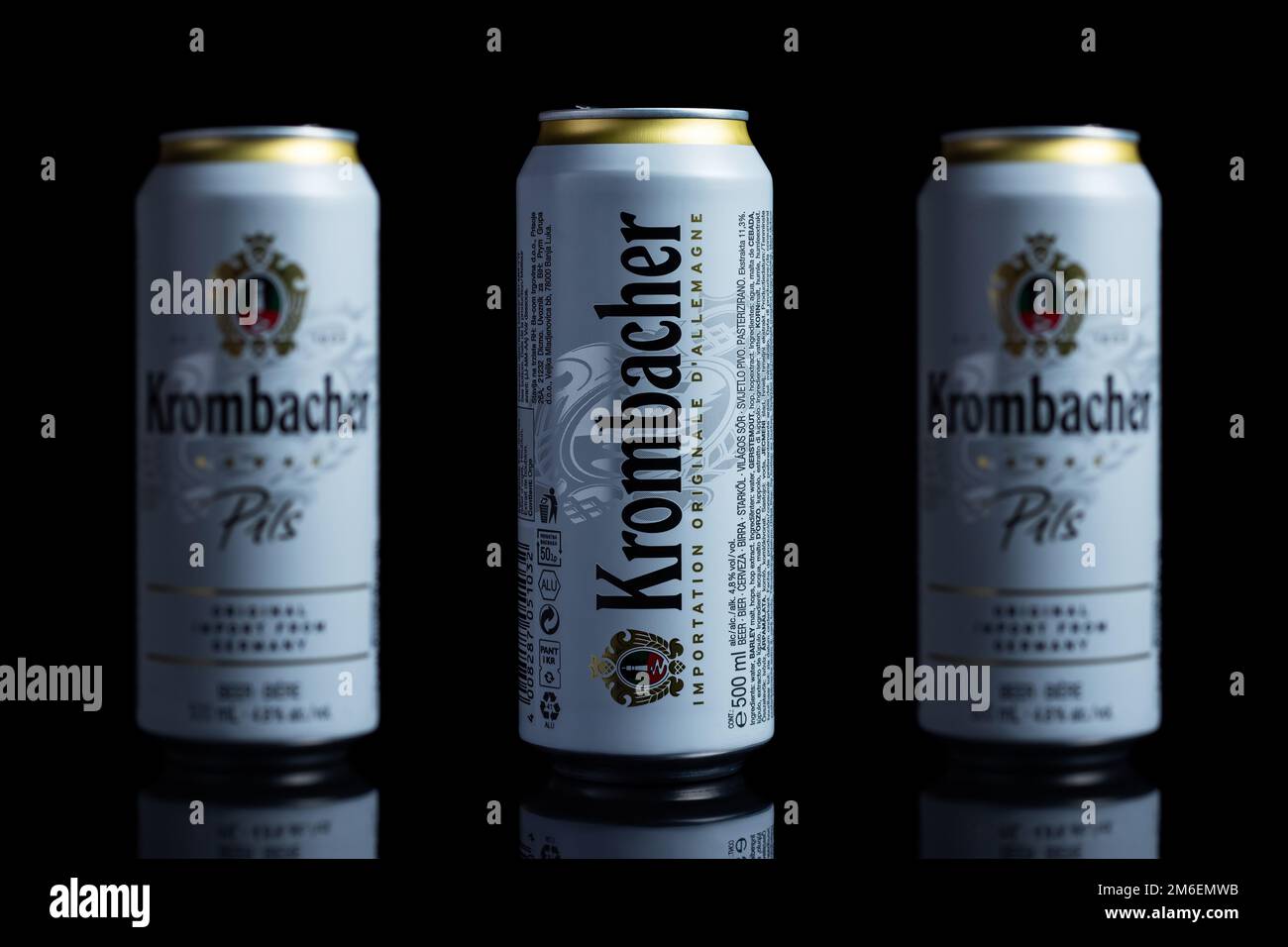 Dnipro Ukraine - 29 august 2022: Krombacher Pils beer brand cans on ...