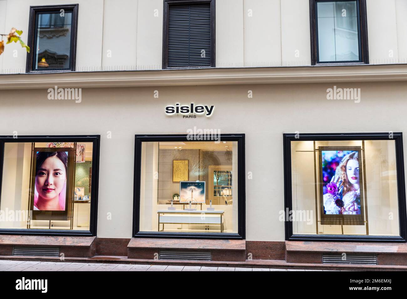 Vienna, Austria - October 14, 2022: Display and sign of a Sisley ...