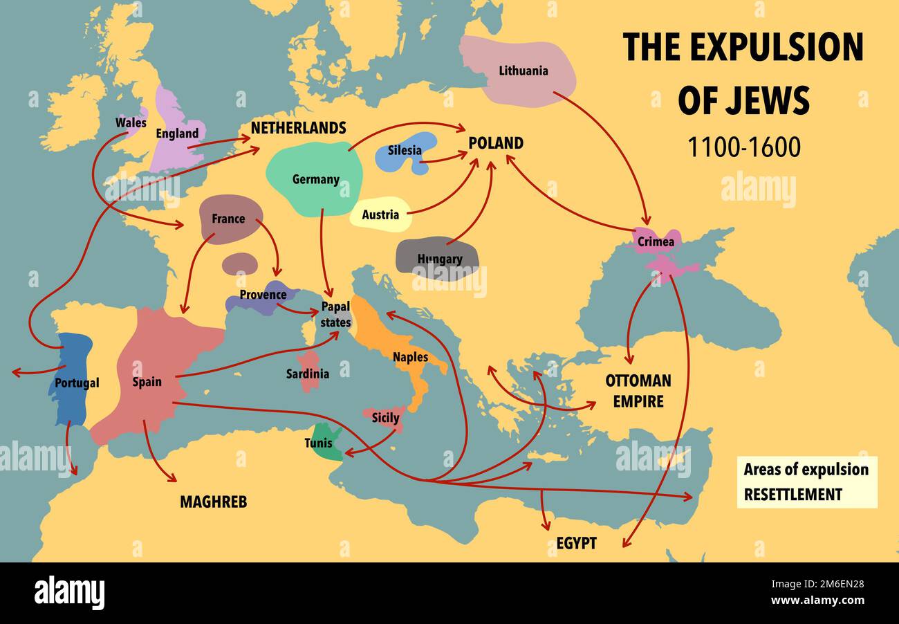 Map showing the expulsion of Jews and their resettlement between 1100 ...